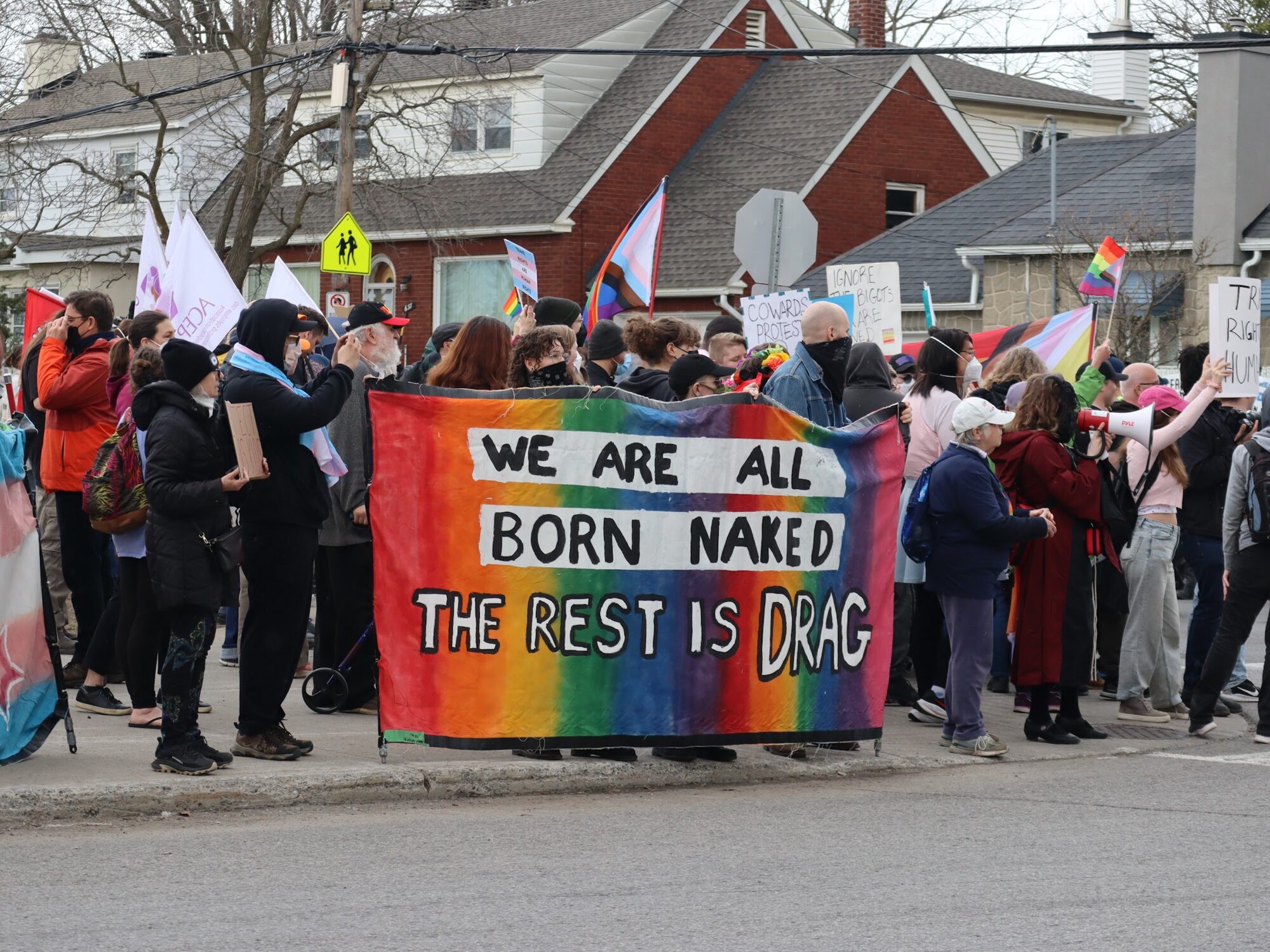 Counter-protesters drown out anti-trans activists on Broadview